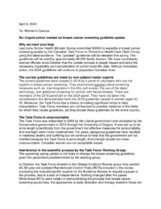 Letter to Women's Caucus re concerns about the upcoming guideline ...